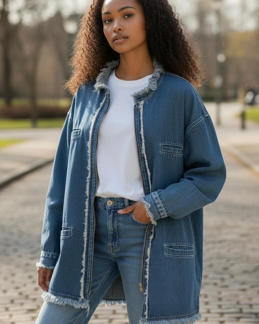 Medium Wash Denim Frayed Edge Detail Zip Front Long Sleeve Jacket ...